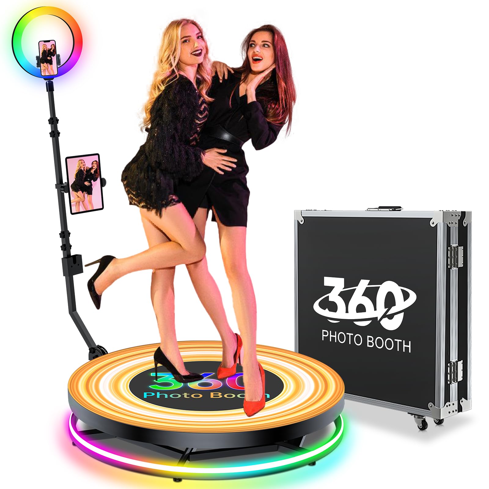 Dowshata 360 Photo Booth Machine 26.8'' with Flight Case, 68cm 360 Degree Automatic Spin Camera Video Booth, Free Custom Logo, 1-2 People Stand on Remote Control Rotating