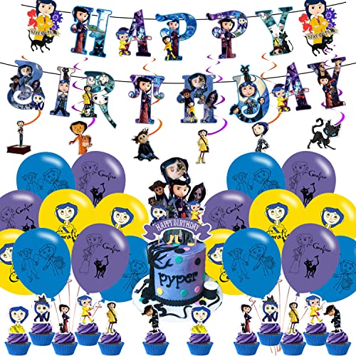 YACANNA Coraline Birthday Party Supplies, Coraline Theme Birthday Party Decorations, Includes Cupcake Toppers Banner ,18 Balloons and Coraline Swirls,Cute Coraline Theme for Birthday Party