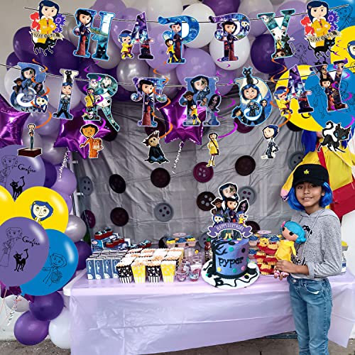 YACANNA Coraline Birthday Party Supplies, Coraline Theme Birthday Party Decorations, Includes Cupcake Toppers Banner ,18 Balloons and Coraline Swirls,Cute Coraline Theme for Birthday Party