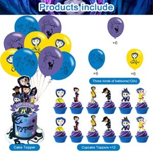 YACANNA Coraline Birthday Party Supplies, Coraline Theme Birthday Party Decorations, Includes Cupcake Toppers Banner ,18 Balloons and Coraline Swirls,Cute Coraline Theme for Birthday Party