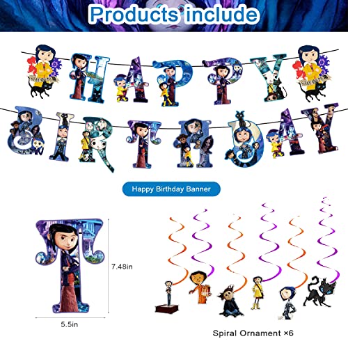 YACANNA Coraline Birthday Party Supplies, Coraline Theme Birthday Party Decorations, Includes Cupcake Toppers Banner ,18 Balloons and Coraline Swirls,Cute Coraline Theme for Birthday Party