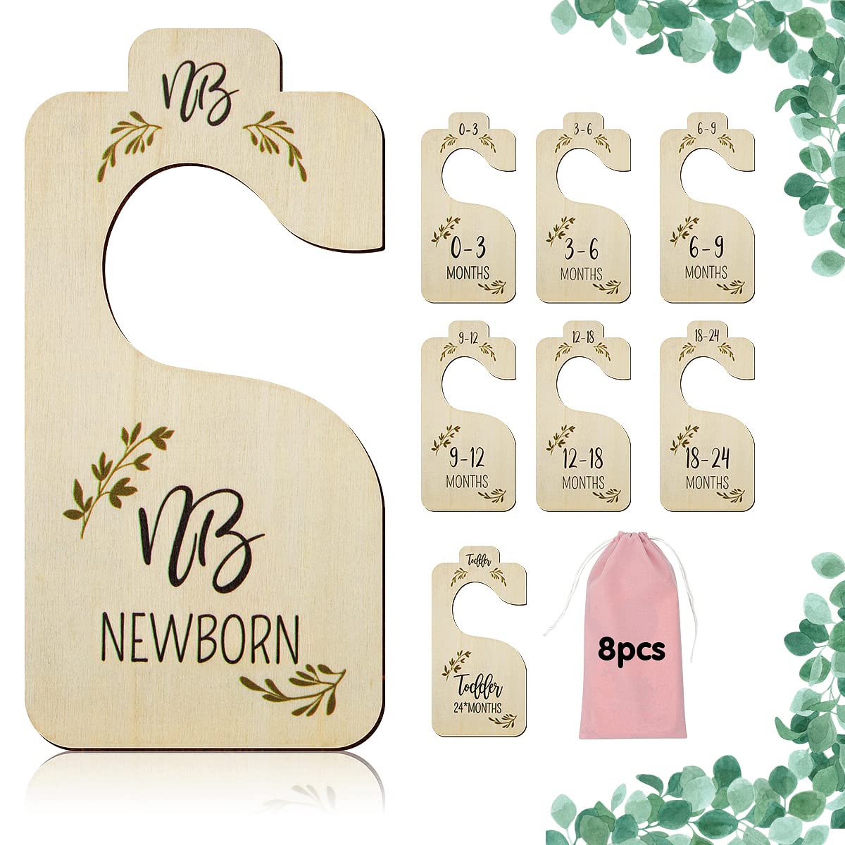 Fantasyon Wood Baby Closet Dividers Set of 8 Double-Sided Baby Clothes Organizer from Newborn to 24 Months Nursery Decor Dividers Hangers to Make a Tidy Organized Baby Closet