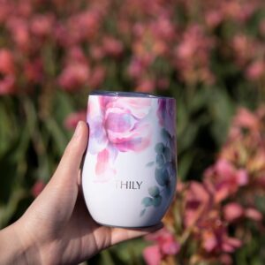 THILY Vacuum Insulated Stemless Wine Tumbler 12 oz Stainless Steel Wine Glass with Lid and Straw, Keep Cold or Hot for Coffee, Cocktails, 2 Pack(Pink Lilies + Lotus Flower)