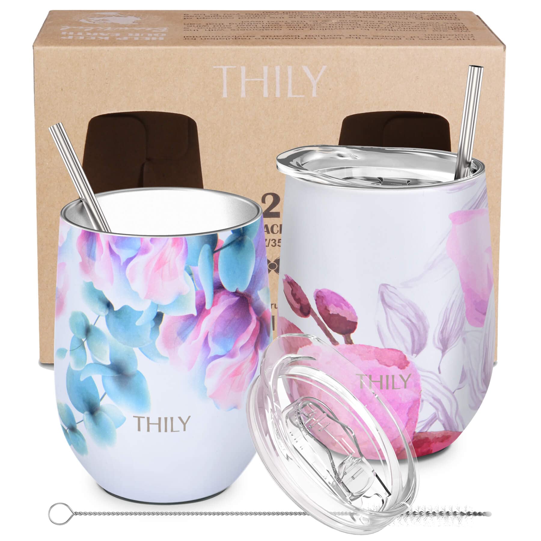 THILY Vacuum Insulated Stemless Wine Tumbler 12 oz Stainless Steel Wine Glass with Lid and Straw, Keep Cold or Hot for Coffee, Cocktails, 2 Pack(Pink Lilies + Lotus Flower)