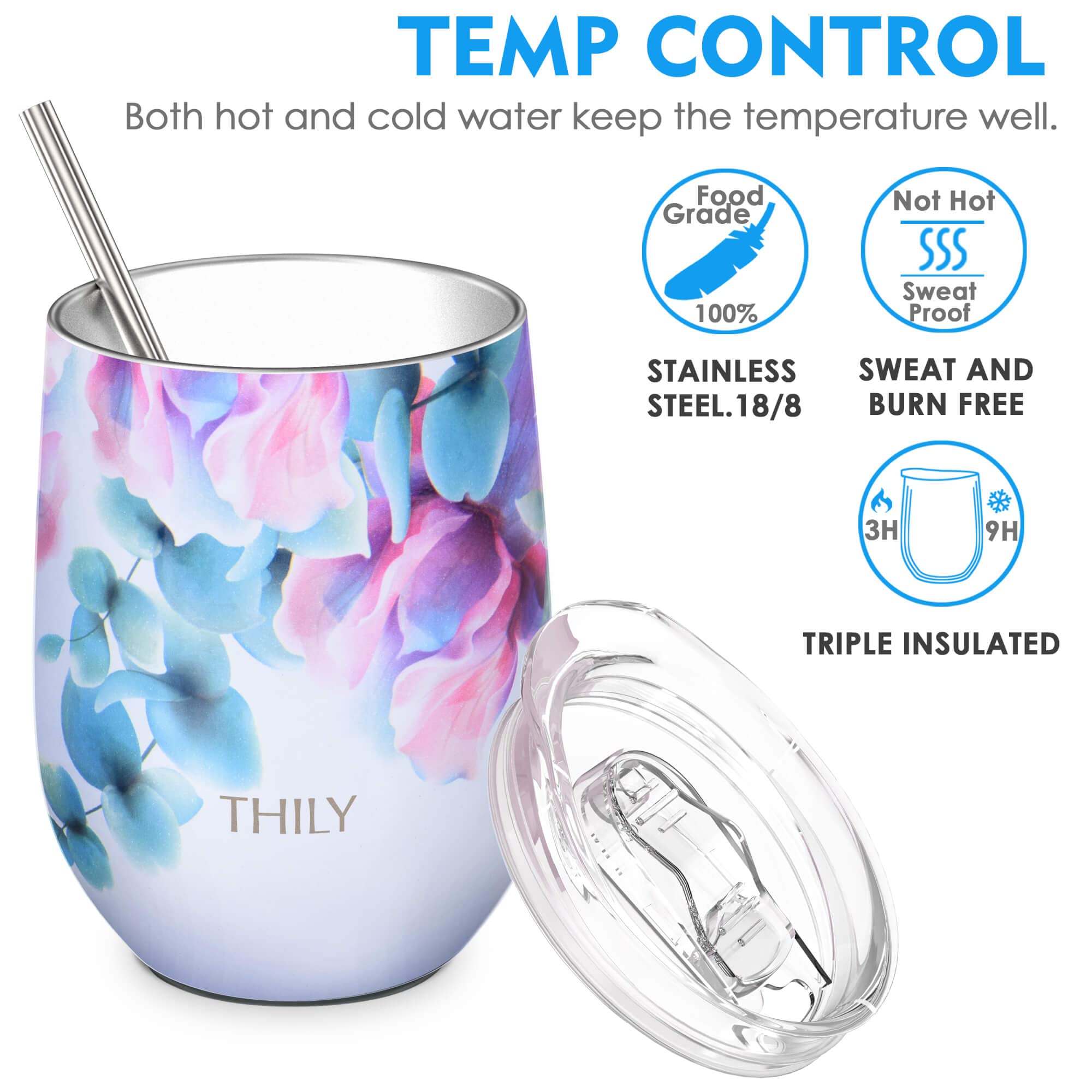 THILY Vacuum Insulated Stemless Wine Tumbler 12 oz Stainless Steel Wine Glass with Lid and Straw, Keep Cold or Hot for Coffee, Cocktails, 2 Pack(Pink Lilies + Lotus Flower)