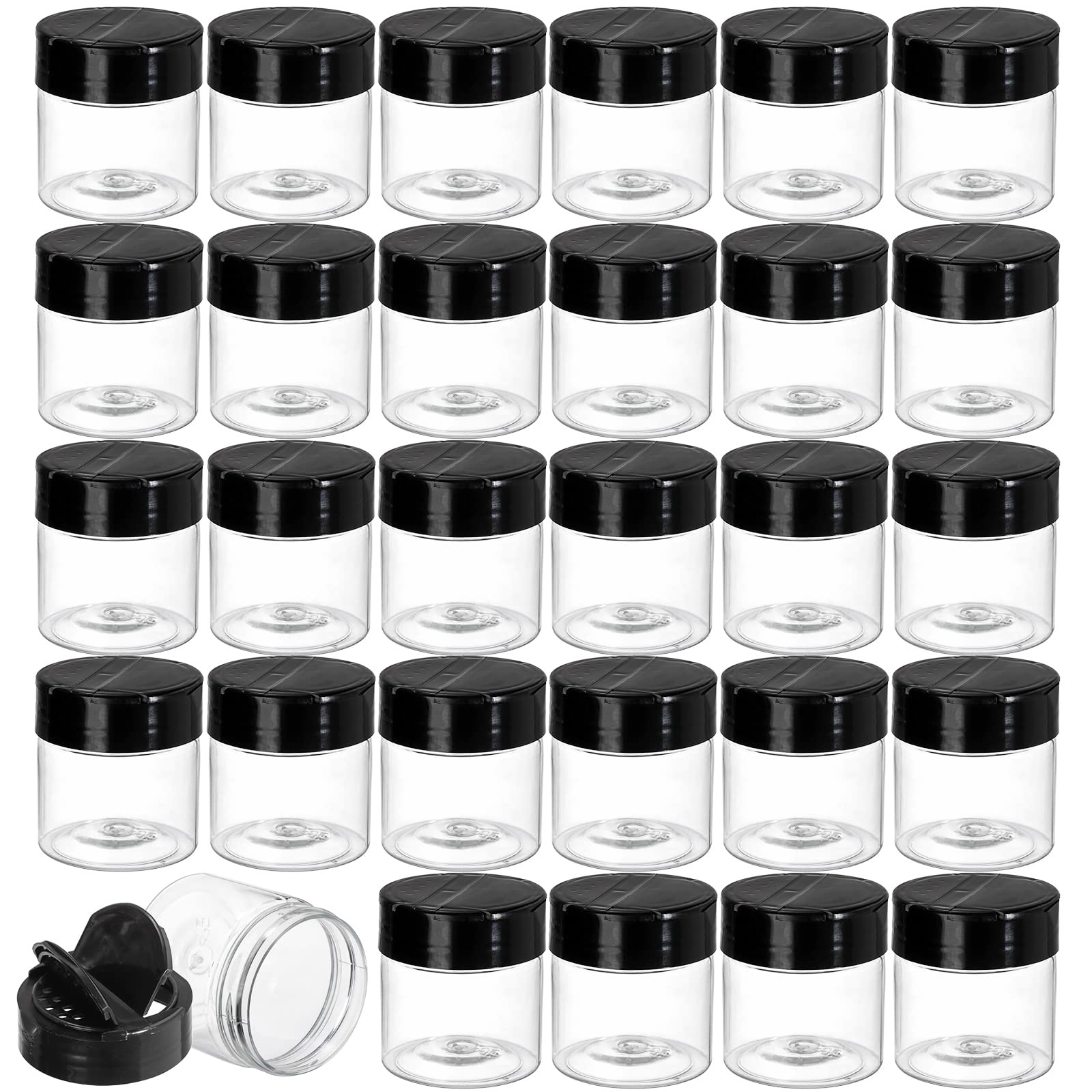 Foraineam 30 Pack Clear Plastic Jars 4 oz Mini Seasoning Bottles Spice Jars with Black Flip Cap to Pour Or Shaker, Round Food Safe Storage Containers with Lids for Spice Powders Cosmetics Crafts