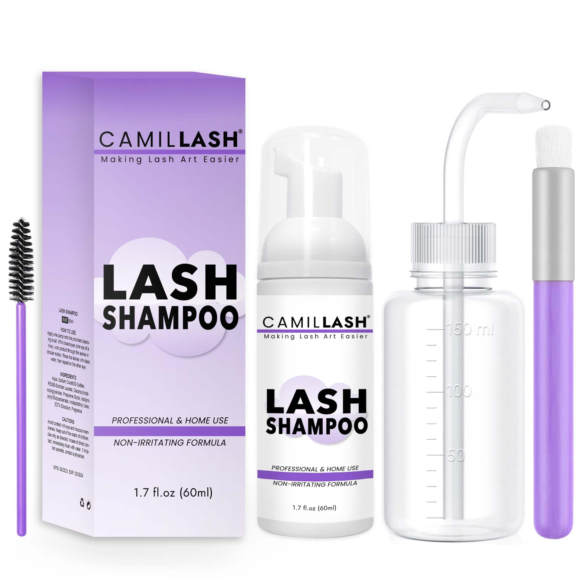 CL CAMILLASH Lash Cleanser For Extensions,Eyelash Wash Shampoo Kit Remover With Bath Brush,Oil & Sulfate Free Rose Extract For Salon and Home Use(60ml)