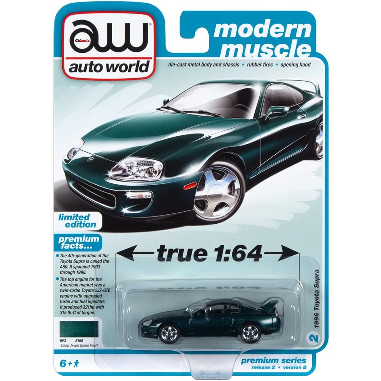 1996 Supra Deep Jewel Green Metallic Modern Muscle Limited Edition 1/64 Diecast Model Car by Auto World 64362-AWSP102 B