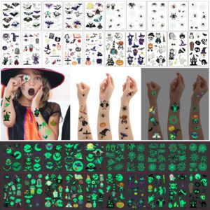 halloween temporary tattoo for kids 190+pcs, glow in the dark waterproof spider bat witch pumpkin ghost skull fake tattoos - 20 sheets (pattern a)