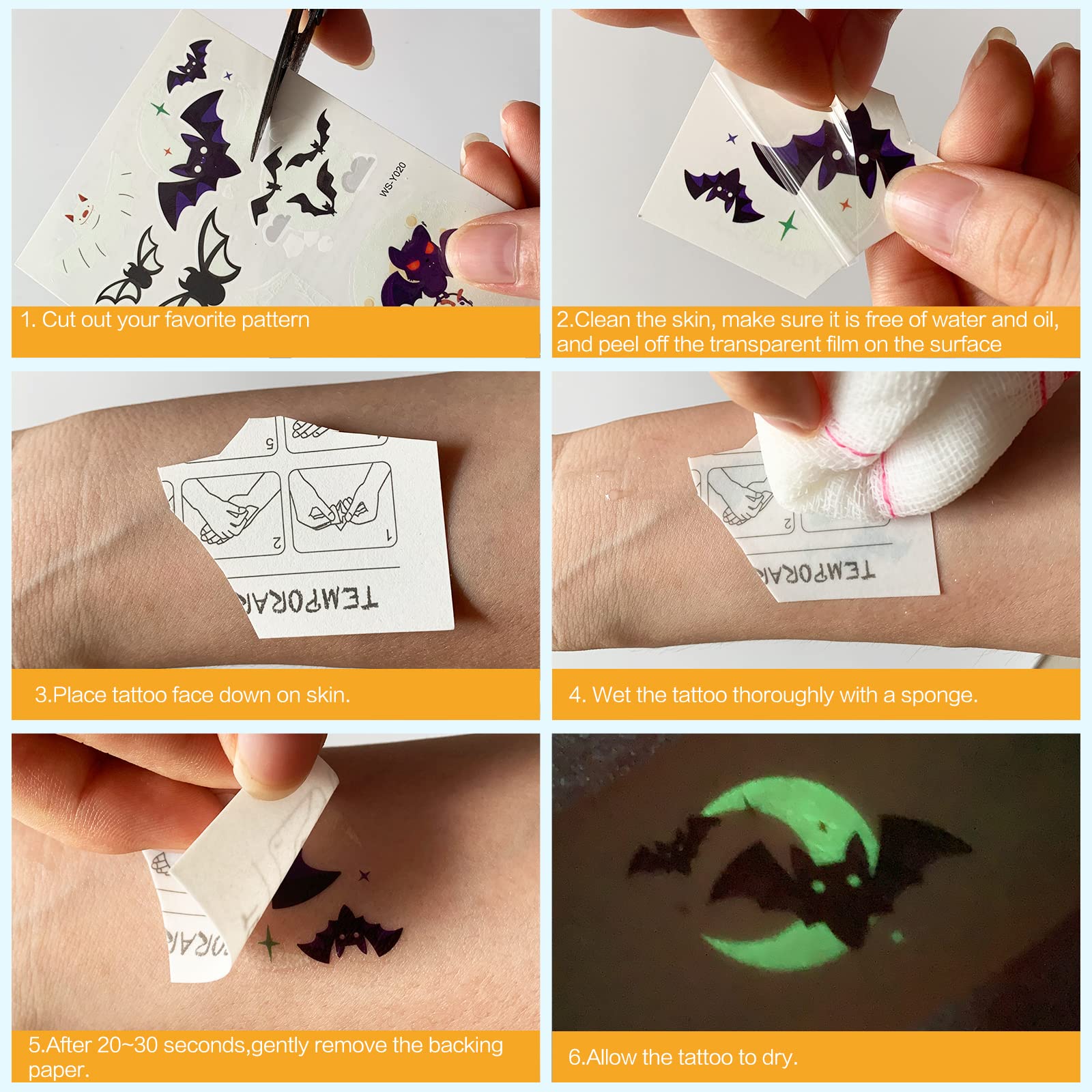 Halloween Temporary Tattoo for Kids 190+Pcs, Glow In The Dark Waterproof Spider Bat Witch Pumpkin Ghost Skull Fake Tattoos - 20 Sheets (Pattern A)