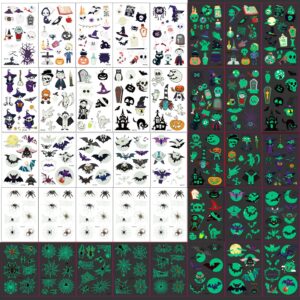 Halloween Temporary Tattoo for Kids 190+Pcs, Glow In The Dark Waterproof Spider Bat Witch Pumpkin Ghost Skull Fake Tattoos - 20 Sheets (Pattern A)