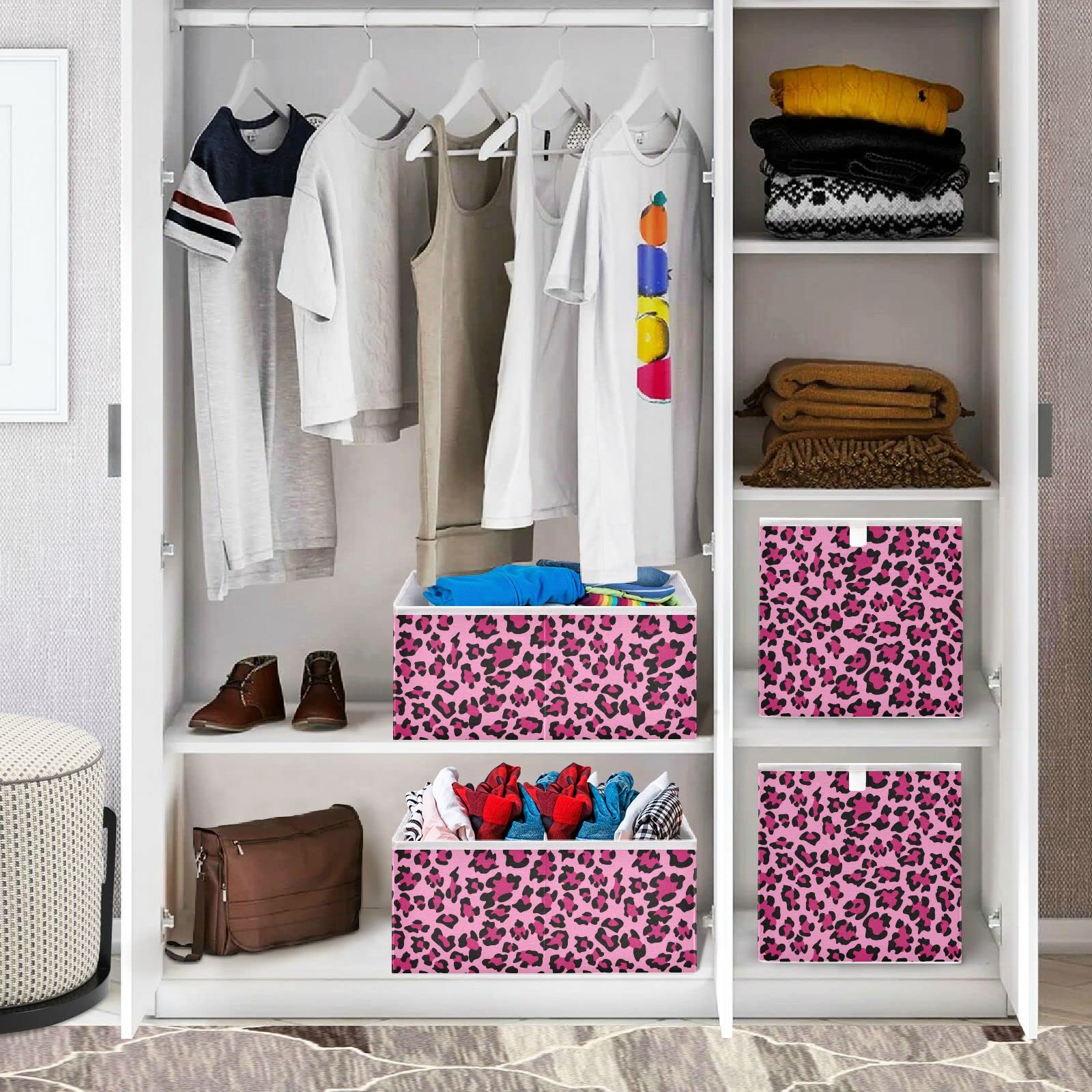 Sletend Pink Leopard Print Rectangular Storage Bins Storage Bins Collapsible Storage Baskets Foldable Fabric Storage Box for Nursery, Offices, Home Organization 15.75" x 10.63" x 6.96"