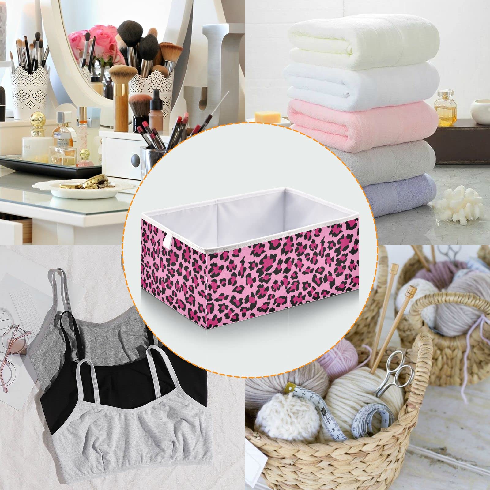 Sletend Pink Leopard Print Rectangular Storage Bins Storage Bins Collapsible Storage Baskets Foldable Fabric Storage Box for Nursery, Offices, Home Organization 15.75" x 10.63" x 6.96"