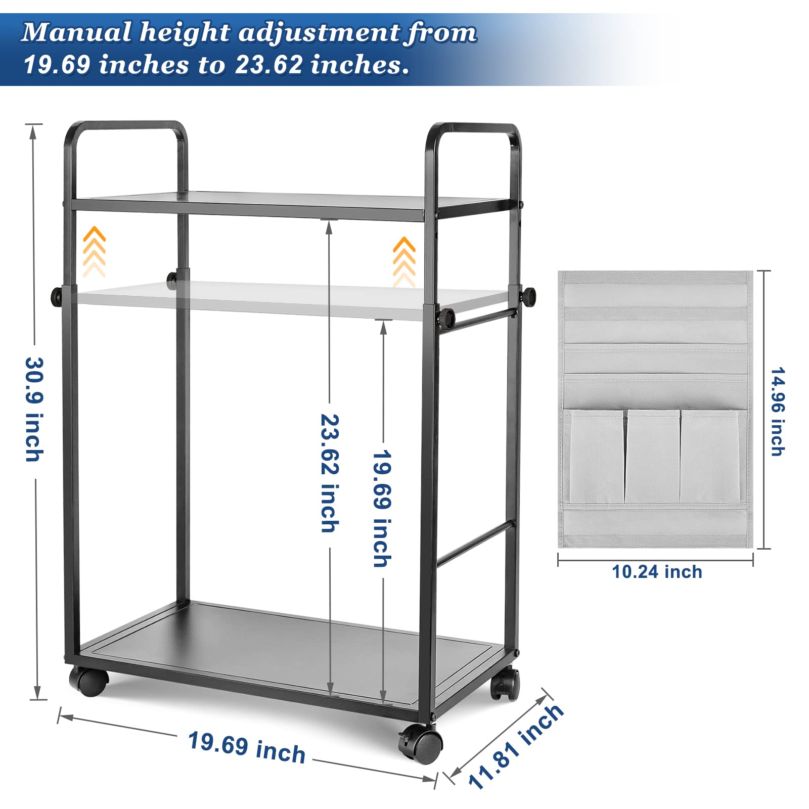 Retyion PC Stand Computer Tower Stand Adjustable 2-Tier CPU Stand with Hanging Bag and Locking Caster Wheels Under Desk for Home Office