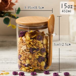 Glass Sugar Container with Spoon - 2 Pack 15oz Glass Jars with Bamboo Lid and Spoon, Bamboo Lid Storage Jar Containers for Coffee Beans, Spice, Brown Sugar, Tea, Flour, Nuts, Candy, Salts and More