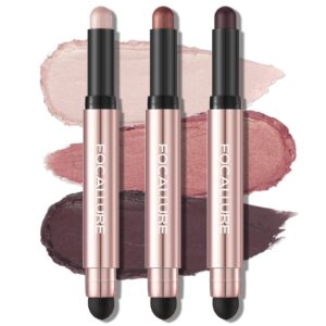 focallure 3 pcs no crease eyeshadow sticks,shimmer & matte eye shadow crayon with blending brush,smooth cream highlighter pen,long lasting eyeshadow brightener stick makeup,mania