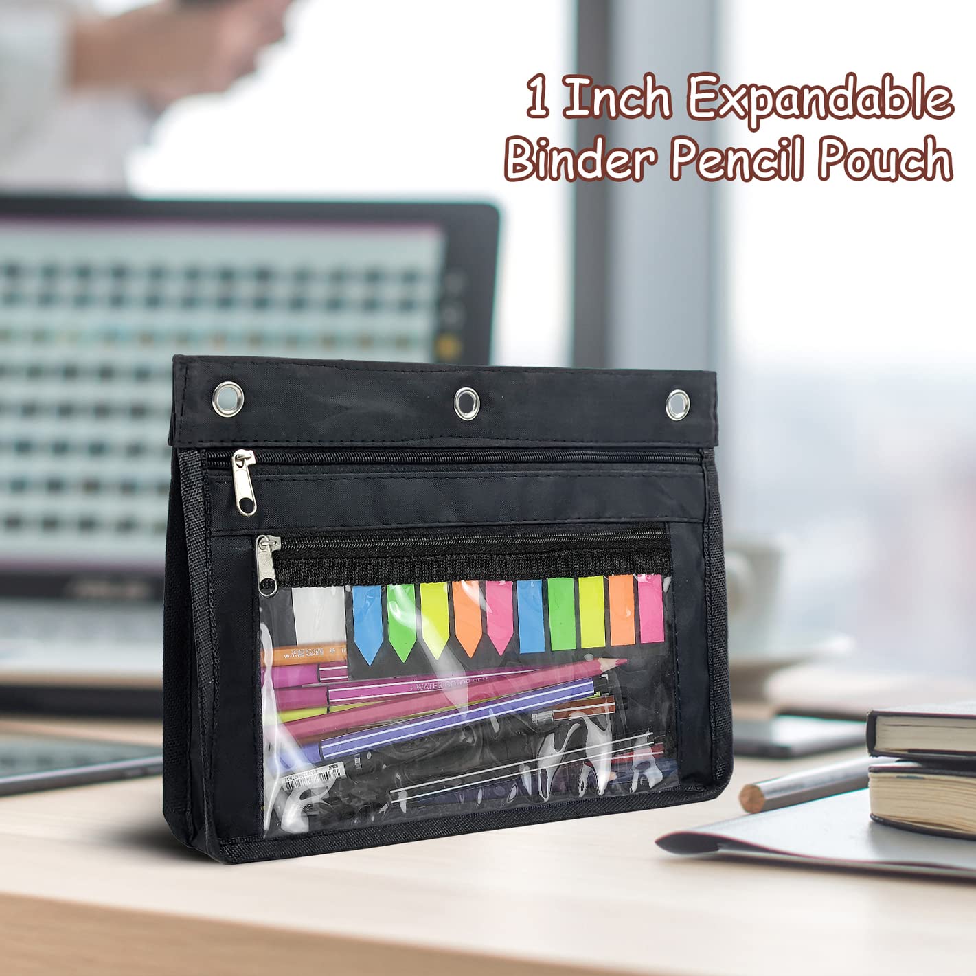 YoeeJob 1 Pack Pencil Pouch for 3 Ring Binder, Expandable Binder Pouches with Zipper, Large Capacity Pen Holder Case with Clear Window School Class Office Organizers, Black