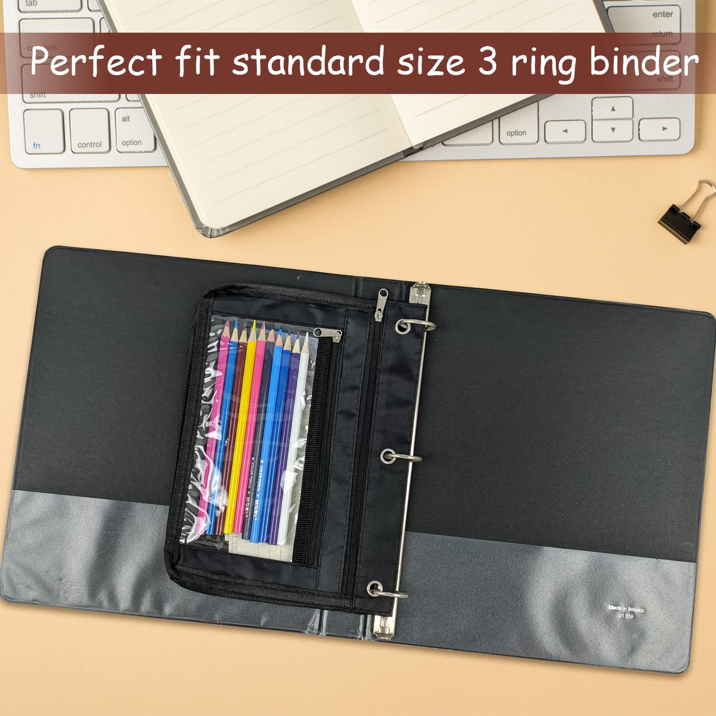 YoeeJob 1 Pack Pencil Pouch for 3 Ring Binder, Expandable Binder Pouches with Zipper, Large Capacity Pen Holder Case with Clear Window School Class Office Organizers, Black