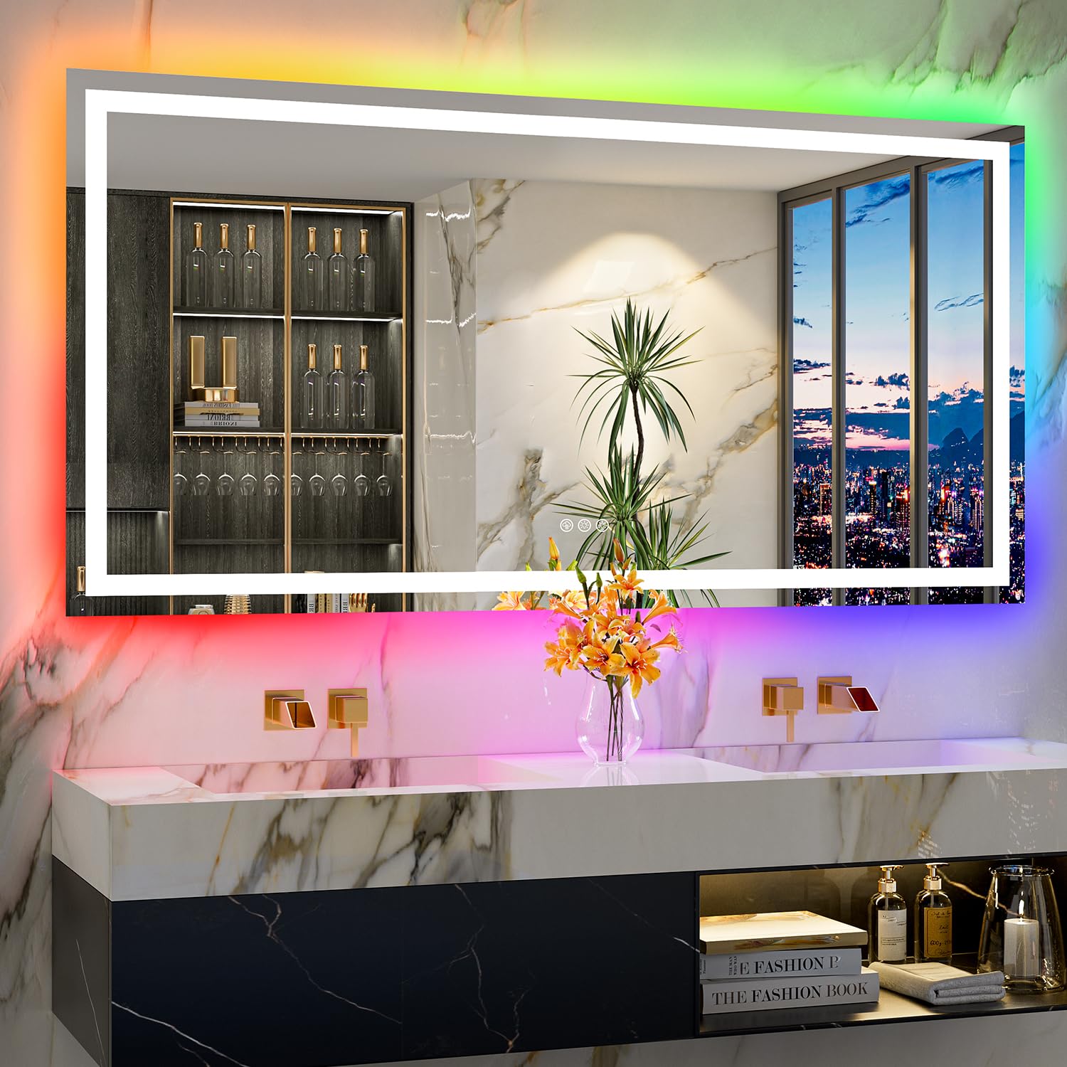 YEELAIT 72x36 Inch RGB LED Bathroom Mirror Front Light and RGB Backlit Lighted Vanity Mirror for Bathroom Wall Mounted Dimmable Anti Fog Memory Shatter-Proof IP54 Waterproof Horizontal/Vertical