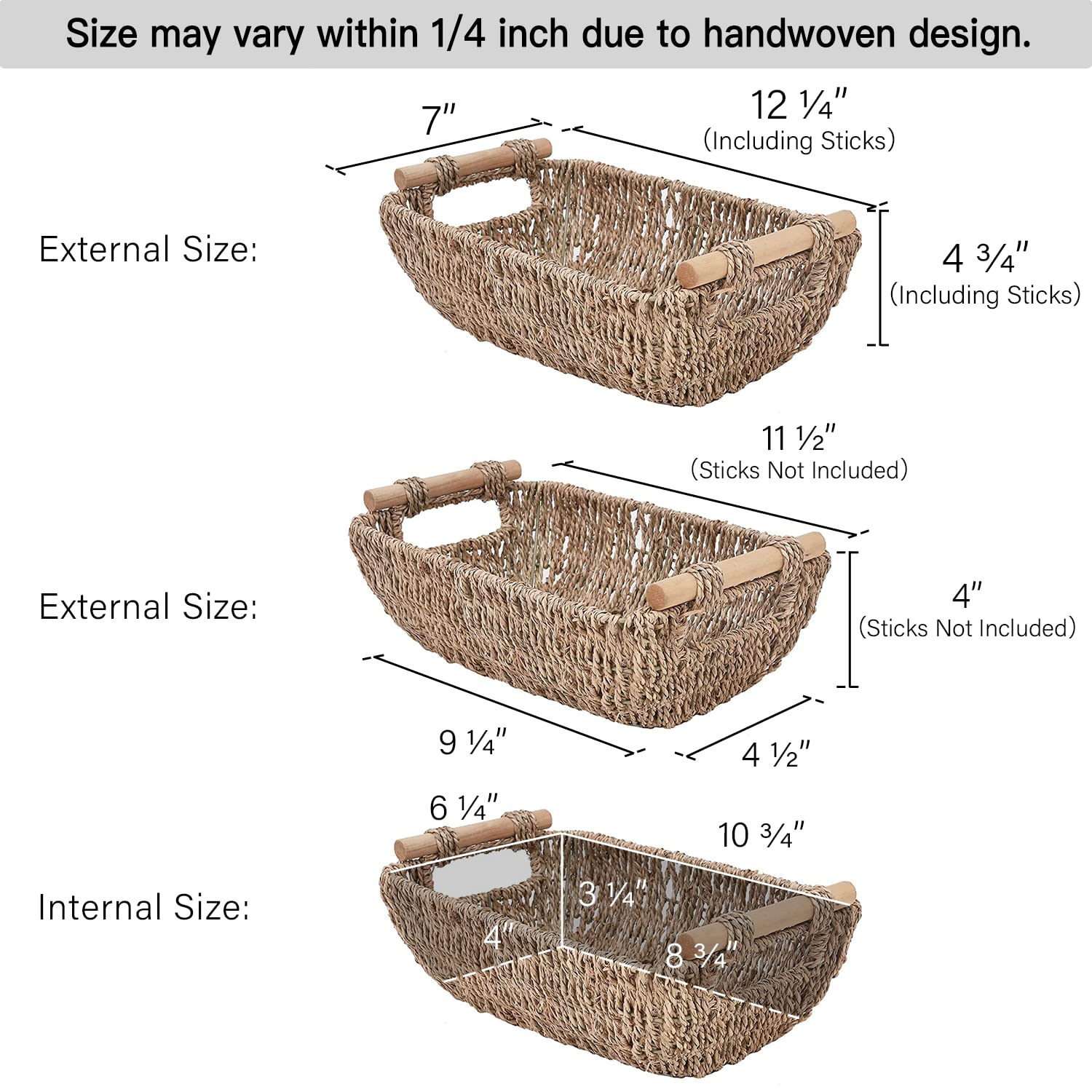 StorageWorks Set of 4 Storage Baskets, Rectangular Wicker Baskets with Built-in Handles