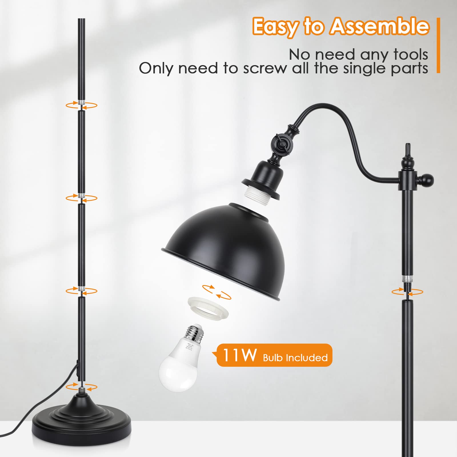 Mlambert Industrial Floor Lamp,63” LED Standing Lamp Modern with 11W A19 LED Bulb,Adjustable Head,Foot Switch,Metal Lamp for Livingroom,Stand Light