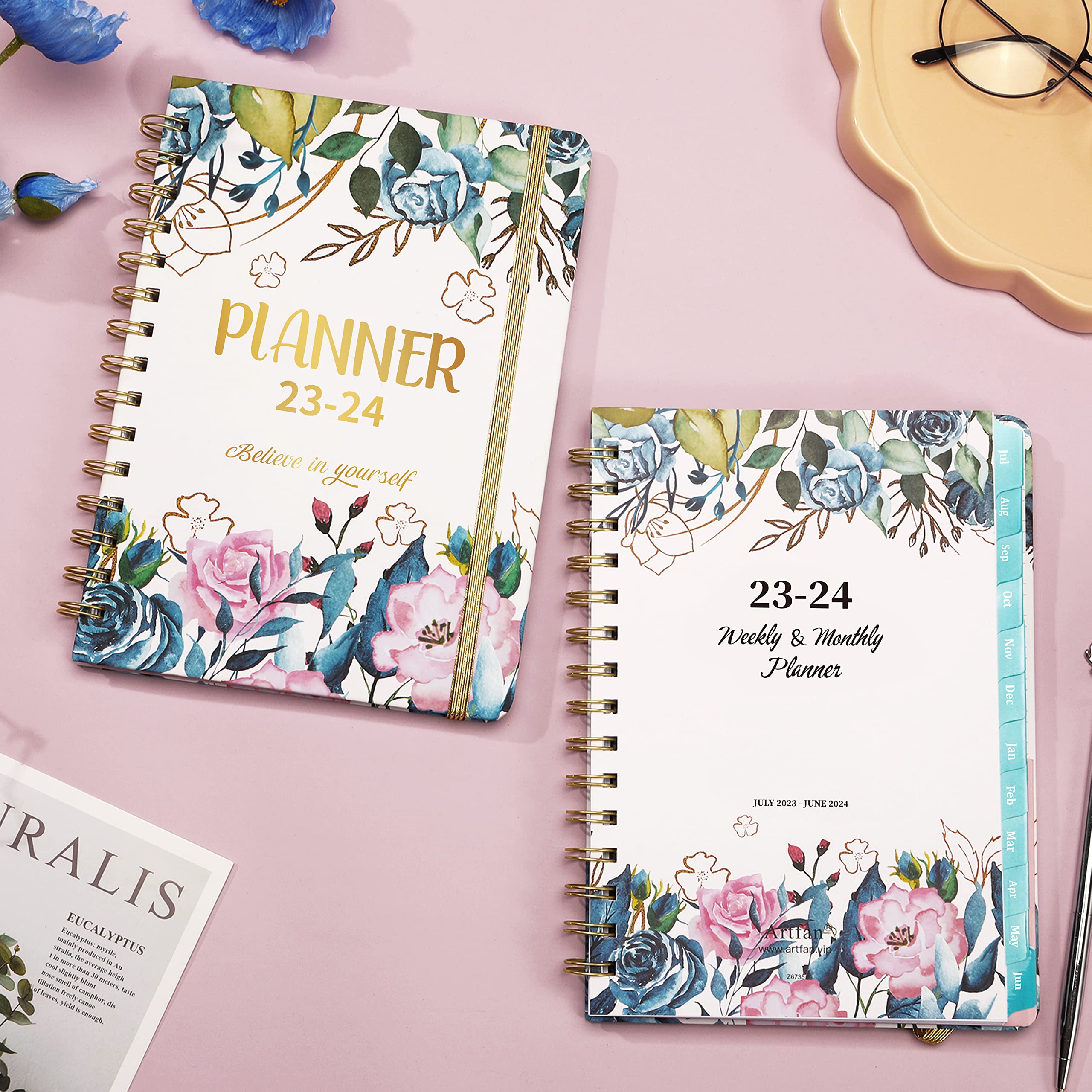 2023 Planner - Planner/Calendar 2023, Jan.2023 - Dec.2023, 2023 Planner Weekly & Monthly with Tabs, 6.4" x 8.5", Hardcover + Back Pocket + Twin-Wire Binding, Daily Organizer - Flower