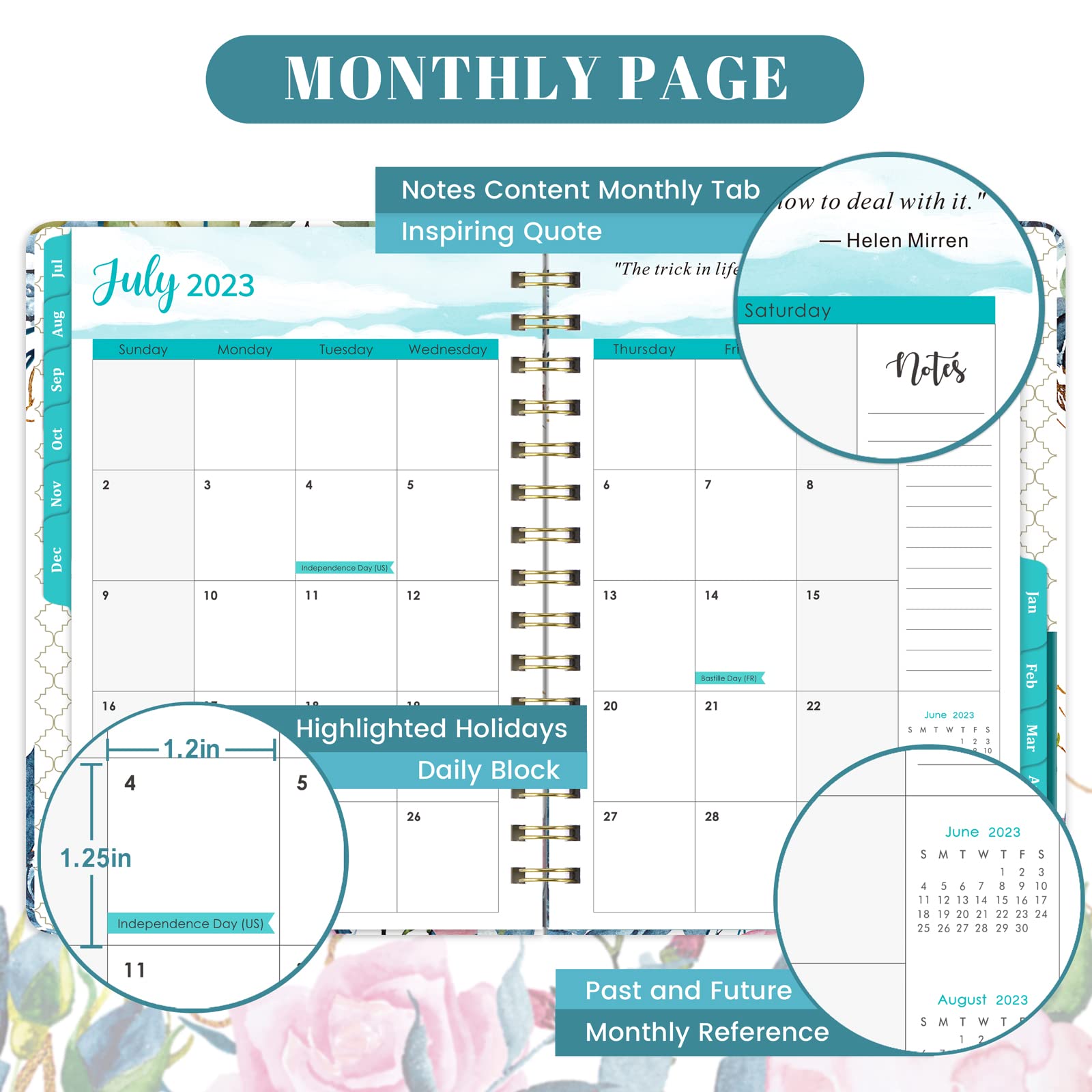 2023 Planner - Planner/Calendar 2023, Jan.2023 - Dec.2023, 2023 Planner Weekly & Monthly with Tabs, 6.4" x 8.5", Hardcover + Back Pocket + Twin-Wire Binding, Daily Organizer - Flower