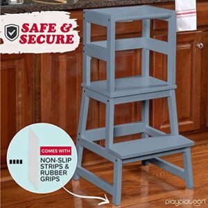 Play Platoon Toddler Kitchen Stool - Gray Wooden Step Stool Standing Tower for Kids Kitchen Counter Learning