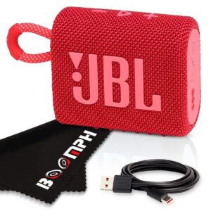 boomph on-the-go kit: jbl go 3 portable bluetooth wireless speaker, ip67 waterproof and dustproof built-in battery - red