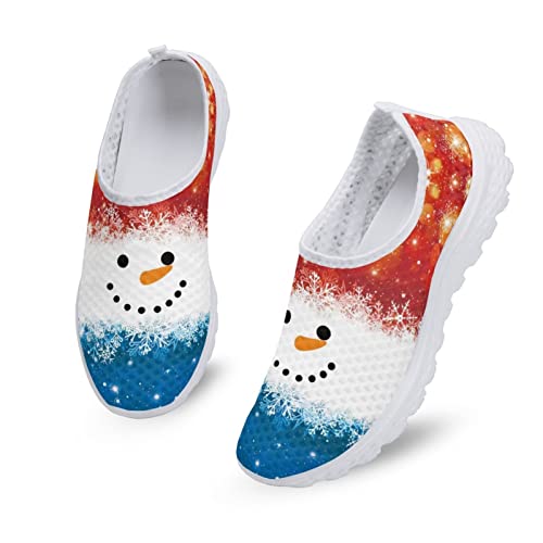 Bulopur Christmas Snowman Women Trainers Running Shoes, White Snowflake Lightweight Sports Shoe, Red Blue Ladies Breathable Spring/Autumn Gym Walking Sneakers