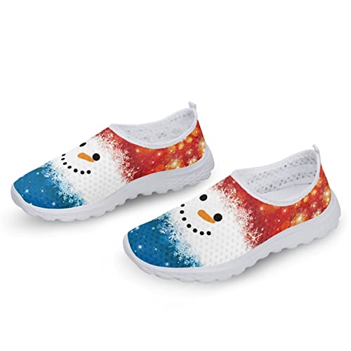 Bulopur Christmas Snowman Women Trainers Running Shoes, White Snowflake Lightweight Sports Shoe, Red Blue Ladies Breathable Spring/Autumn Gym Walking Sneakers