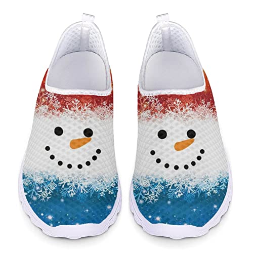 Bulopur Christmas Snowman Women Trainers Running Shoes, White Snowflake Lightweight Sports Shoe, Red Blue Ladies Breathable Spring/Autumn Gym Walking Sneakers