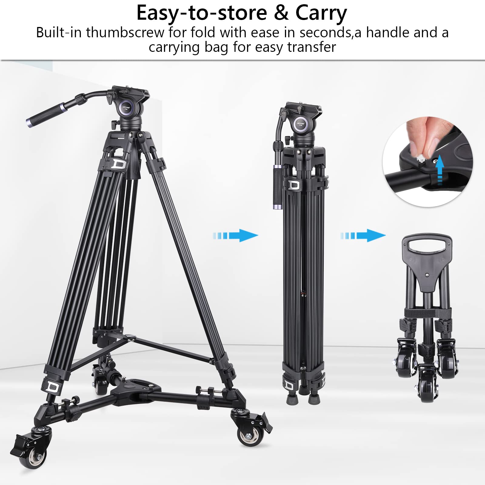 Video Tripod with Heavy Duty Tripod Dolly ARTCISE Professional Heavy Duty Tripod for DSLR Cameras Video Camcorders, Load Capacity Up to 20 Pounds …