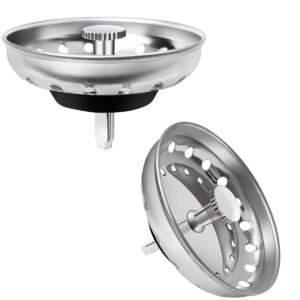 2 pcs stainless steel kitchen sink basket strainer, stopper combo basket replacement for standard rubber stopper bottom with rubber stopper fits standard 3 1/2” drains