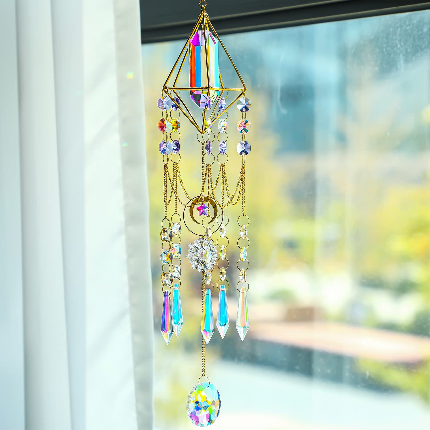 H&D HYALINE & DORA Crystal Prisms Suncatcher Window Hanging Pendant Glass Prisms Decor Wind Chime Rainbow Sun Catcher for Home Garden Porch