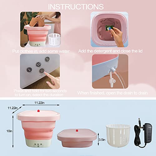 Portable Mini Folding Clothes Washing Machine for Baby Clothes/Underwear/Small Item,Lightweight Foldable Turbine Washers with Drain Basket for Home/Apartments/Travel,Pink