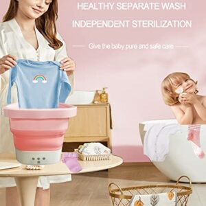 Portable Mini Folding Clothes Washing Machine for Baby Clothes/Underwear/Small Item,Lightweight Foldable Turbine Washers with Drain Basket for Home/Apartments/Travel,Pink