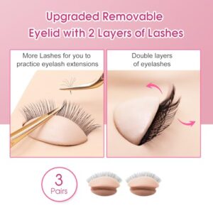 Miuffue 3 Pairs 2 Layers Eyelash Practice Eyelids for Mannequin Head, Removable Realistic Eyelash Extension Eyelids with Eyelashes, Silicone Rubber Replacement Eyelids for Eyelash Training