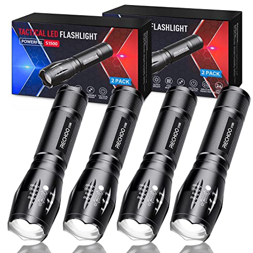 RECHOO Tactical Flashlights 4 Pack, Bright Zoomable LED Flashlights with High Lumens and 5 Modes, Waterproof Portable Pocket Flash Light for Emergency, Camping, and Outdoor Use - S1500