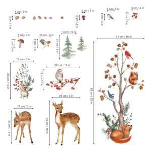 wondever Woodland Animals Tree Wall Stickers Forest Deers Fox Squirrel Peel and Stick Wall Art Decals for Baby Nursery Kids Bedroom