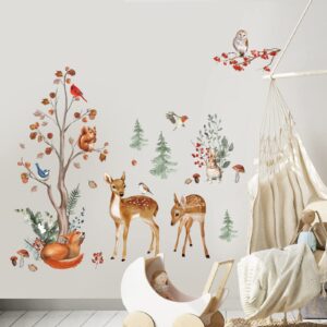 wondever Woodland Animals Tree Wall Stickers Forest Deers Fox Squirrel Peel and Stick Wall Art Decals for Baby Nursery Kids Bedroom