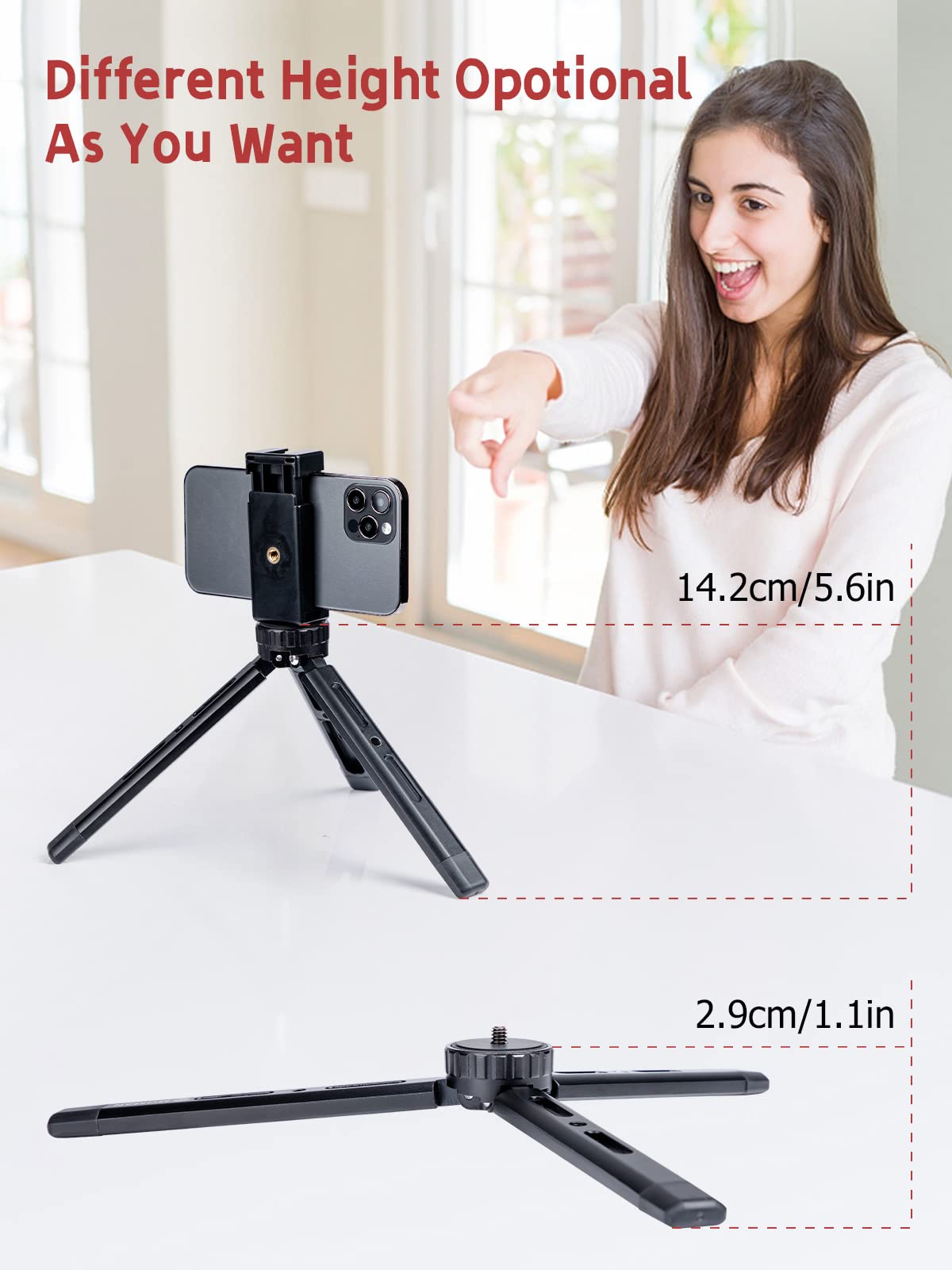 Mini Camera Tripod, Moman Tabletop Travel Tripod Desktop TR01S with 1/4 and 3/8 Screw Mount and Function Leg CNC Aluminum Design for Camcorder Gimbal Stabilizers Max Payload of 5Kg, Black