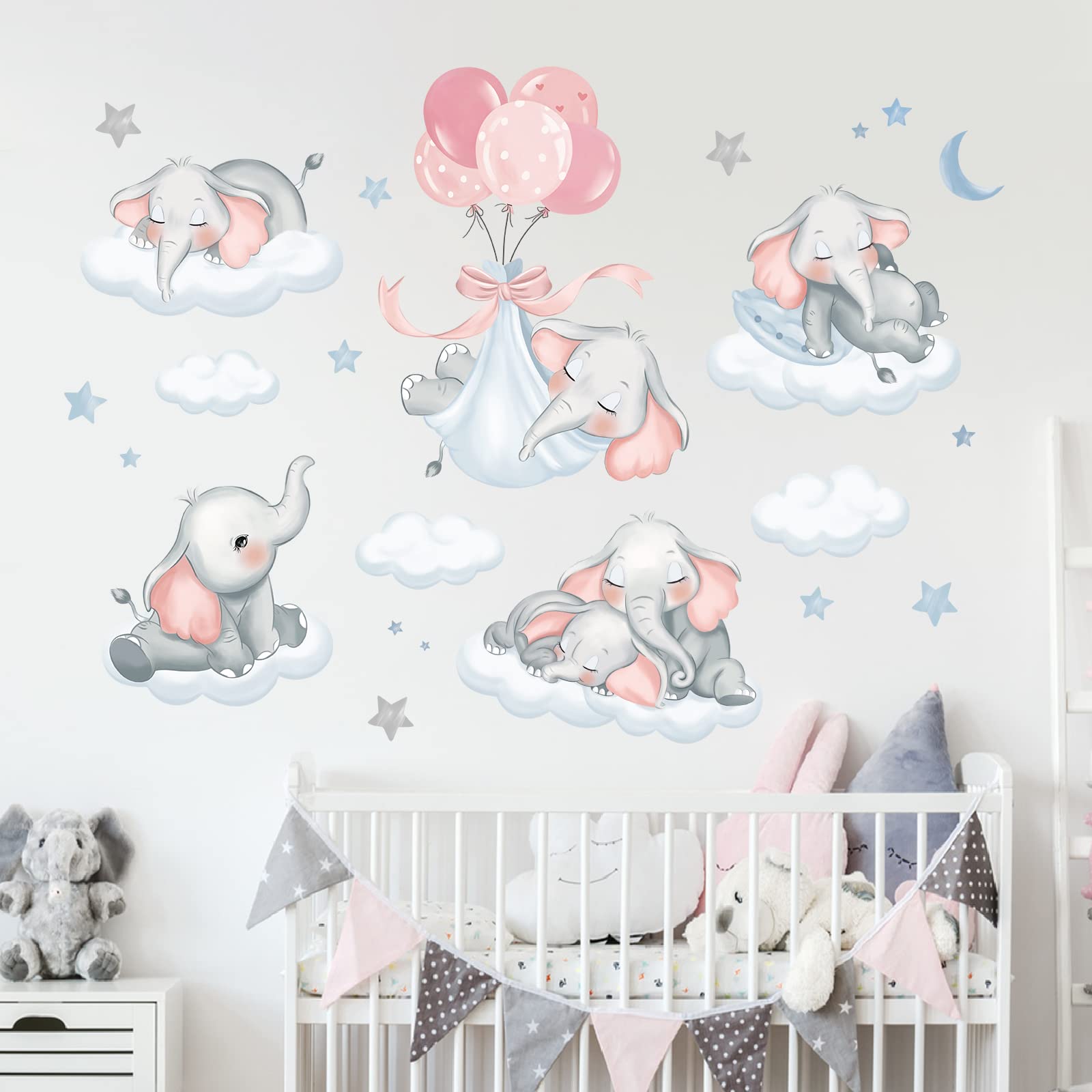 wondever Watercolor Pink Sleeping Elephant Wall Stickers Flying Animals Clouds Star Peel and Stick Wall Art Decals for Baby Nursery Kids Bedroom