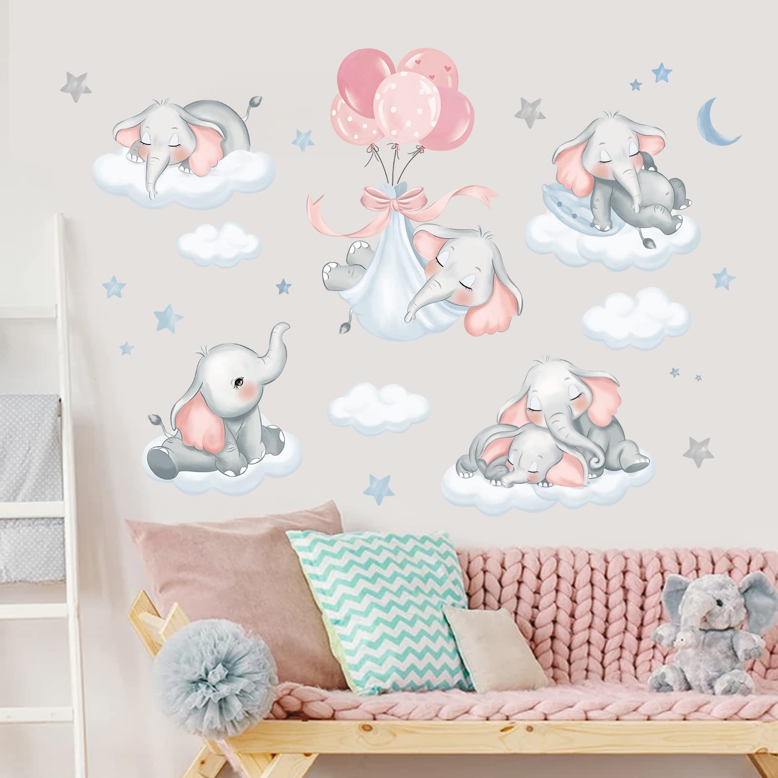 wondever Watercolor Pink Sleeping Elephant Wall Stickers Flying Animals Clouds Star Peel and Stick Wall Art Decals for Baby Nursery Kids Bedroom