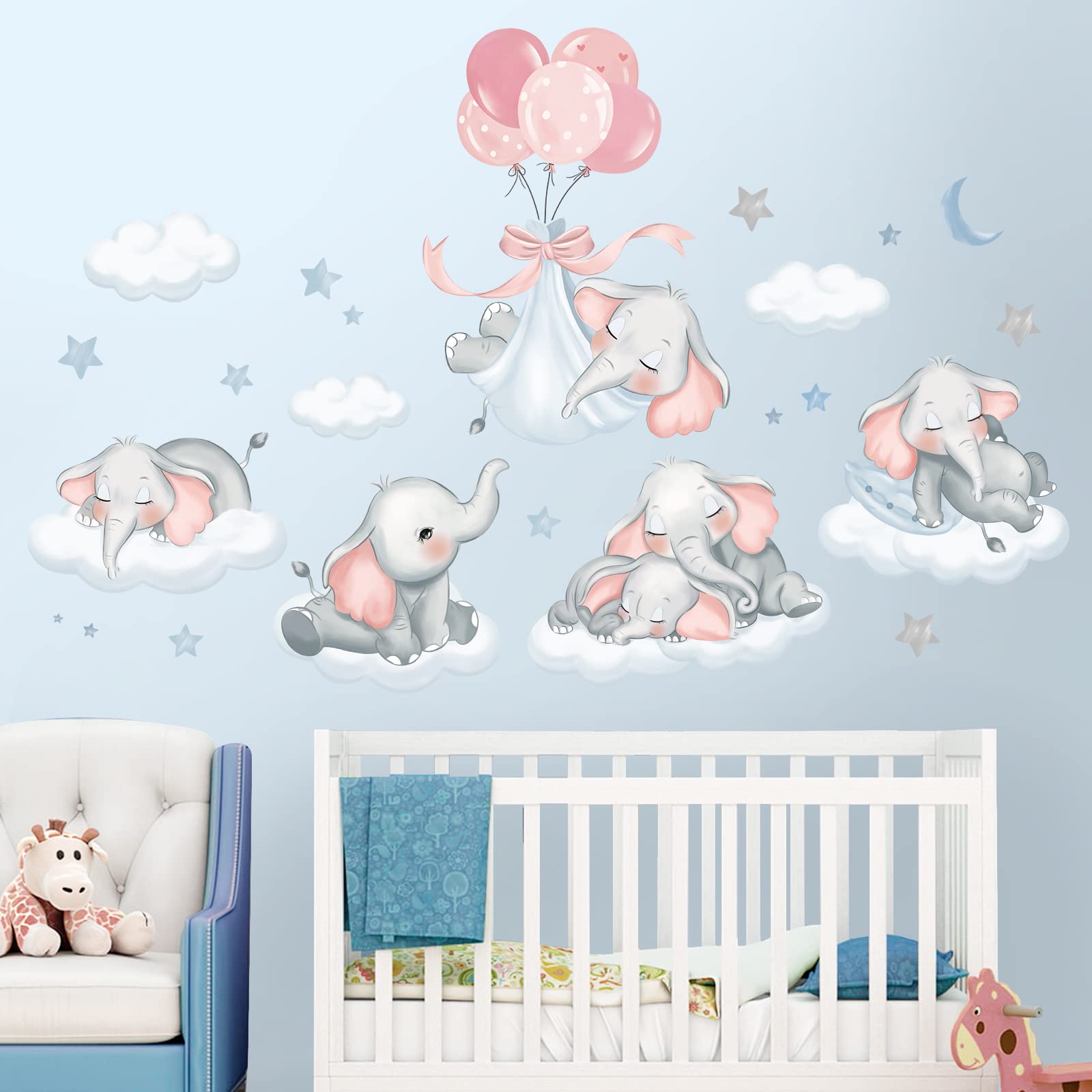 wondever Watercolor Pink Sleeping Elephant Wall Stickers Flying Animals Clouds Star Peel and Stick Wall Art Decals for Baby Nursery Kids Bedroom