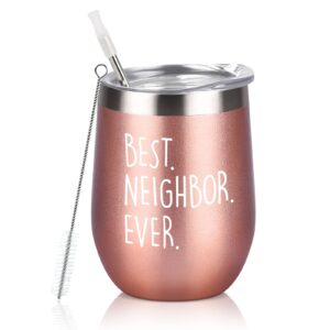 qtencas best neighbor ever stainless steel wine tumbler, neighbor gift housewarming gifts farewell gift for neighbors, moving going away, new home owner friends, neighbor birthday christmas gift, 12oz