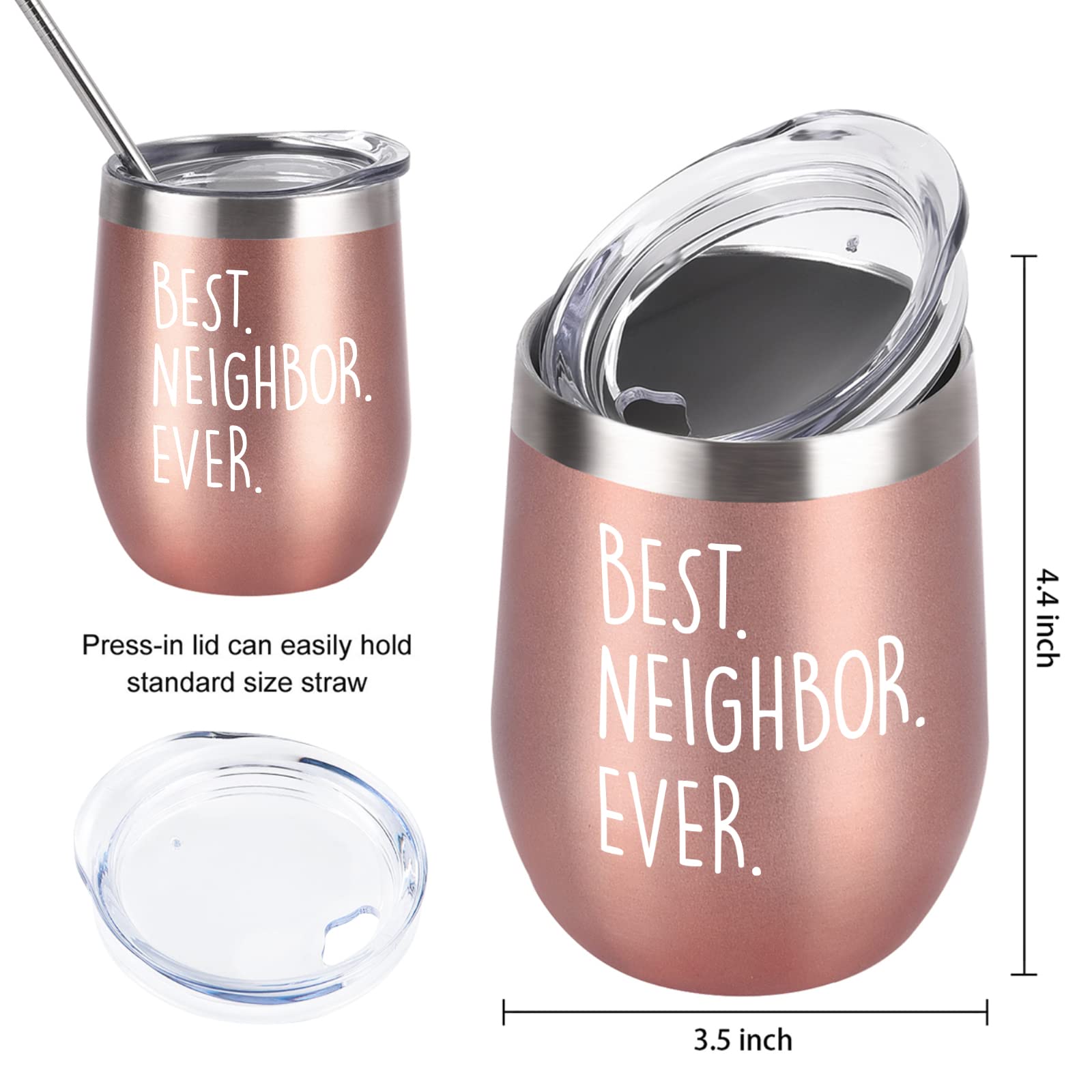 Qtencas Best Neighbor Ever Stainless Steel Wine Tumbler, Neighbor Gift Housewarming Gifts Farewell Gift for Neighbors, Moving Going Away, New Home Owner Friends, Neighbor Birthday Christmas Gift, 12oz