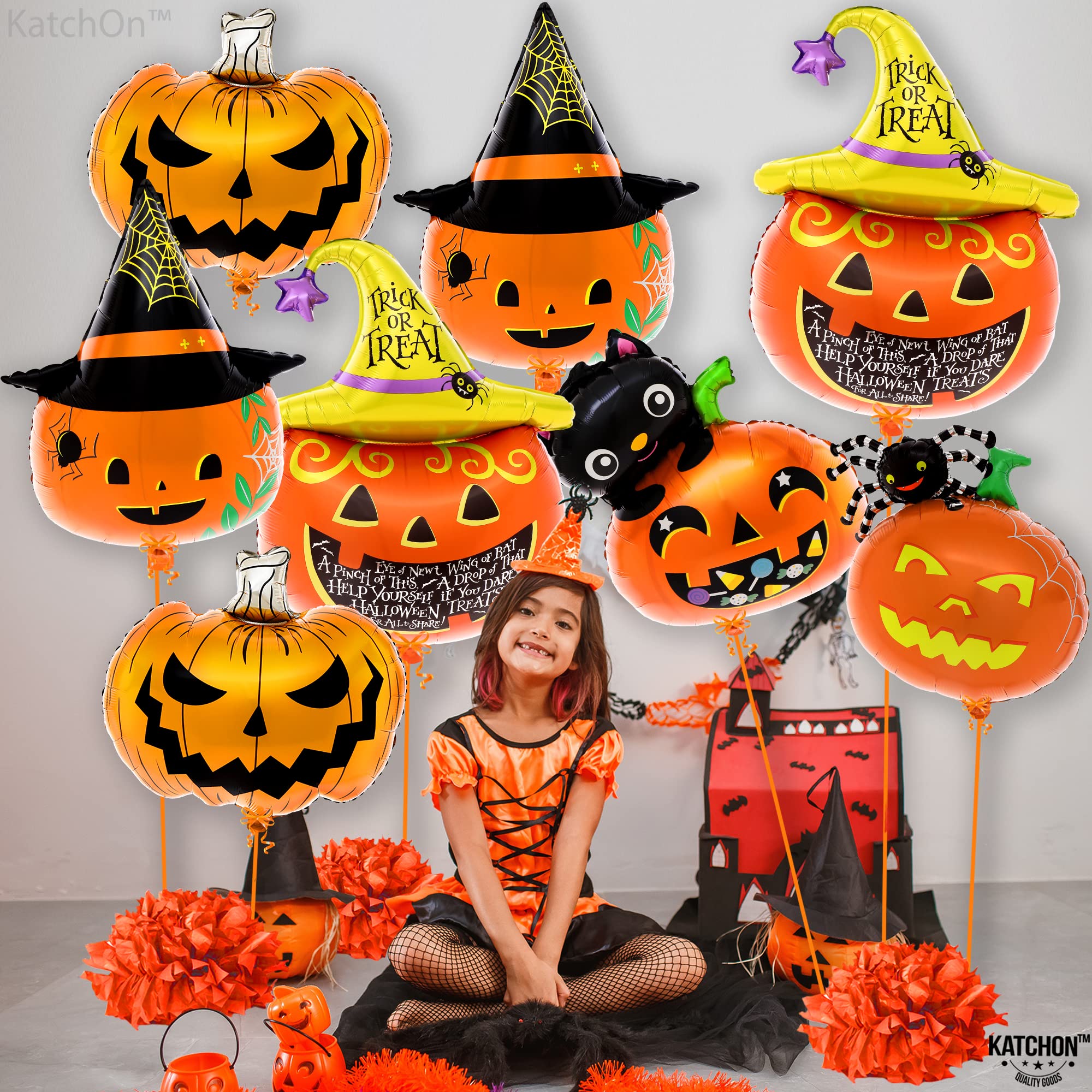 KatchOn, Huge Halloween Pumpkin Balloons Set - 34 Inch, Pack of 8 | Pumpkin Halloween Balloons for Halloween Birthday Party Decorations | Halloween Mylar Balloons for Halloween Party Decorations