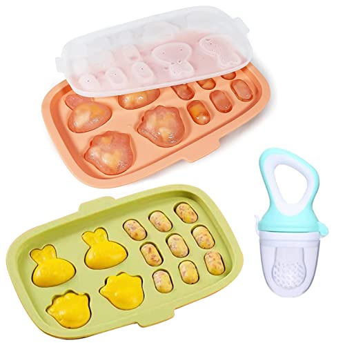 Baby Food Freezer Trays - Food Storage Containers with with Lids, Silicone Food Molds Trays for Homemade Baby Food, Breast Milk, Vegetable, Juice & Fruit Purees, 2 Pack (Orange/Green)