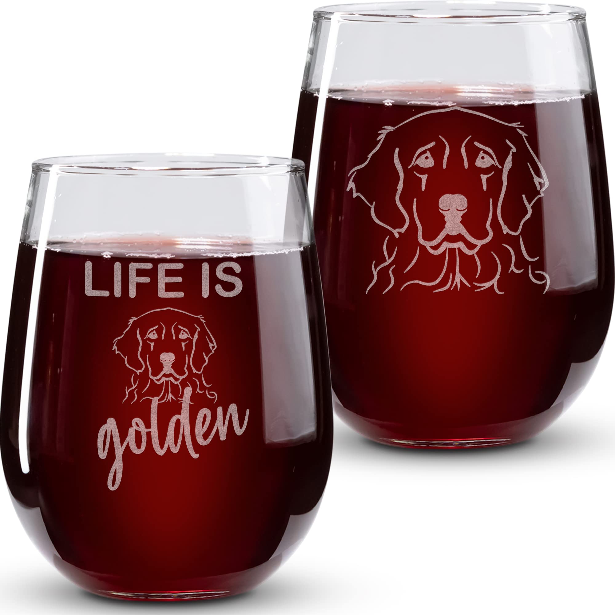 On The Rox Drinks Golden Retriever Gifts for Dog Lovers - Life Is Golden Stemless Wine Glass Set of 2- Cute Dog Face Glasses for Women - Funny Tumbler, Cup for Pet Lovers